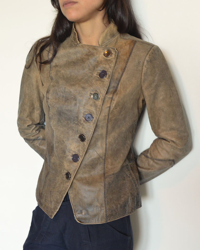 ASYMMETRICAL DISTRESSED LEATHER JACKET – SYS-362